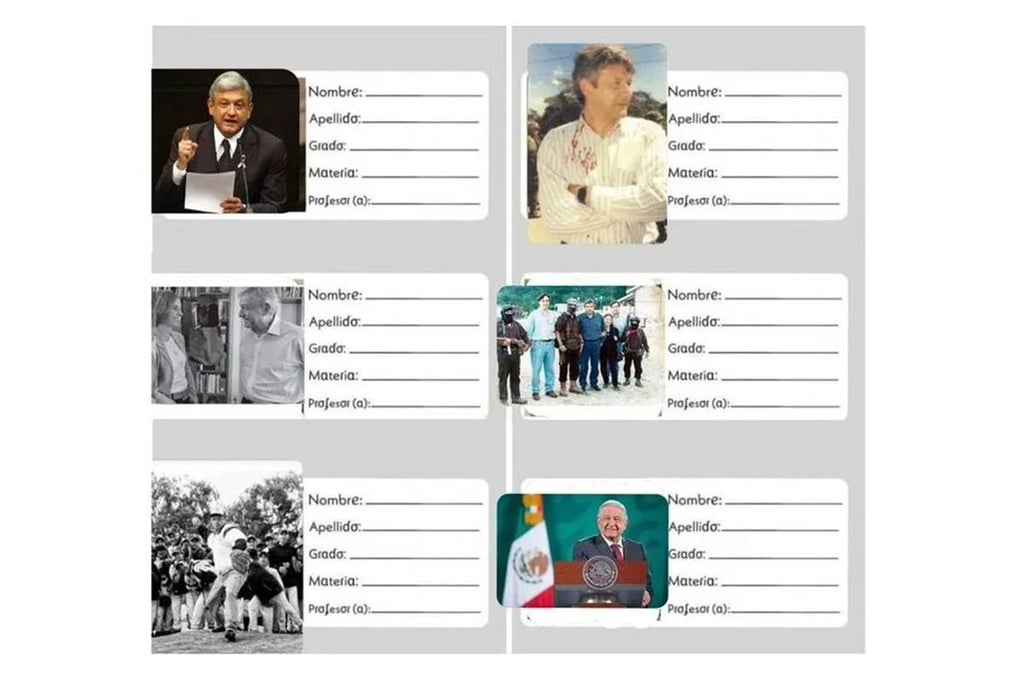 Morena muestra etiquetas escolares con la imagen de AMLO
