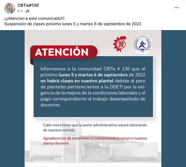 CBTis 89 y 130 anuncian paro de labores lunes y martes