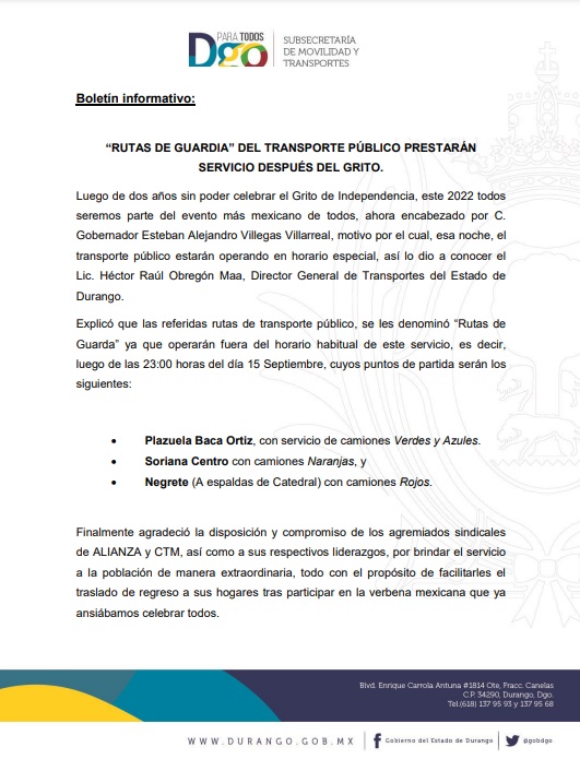 Transporte público en Durango, ampliará su horario por festejos patrios