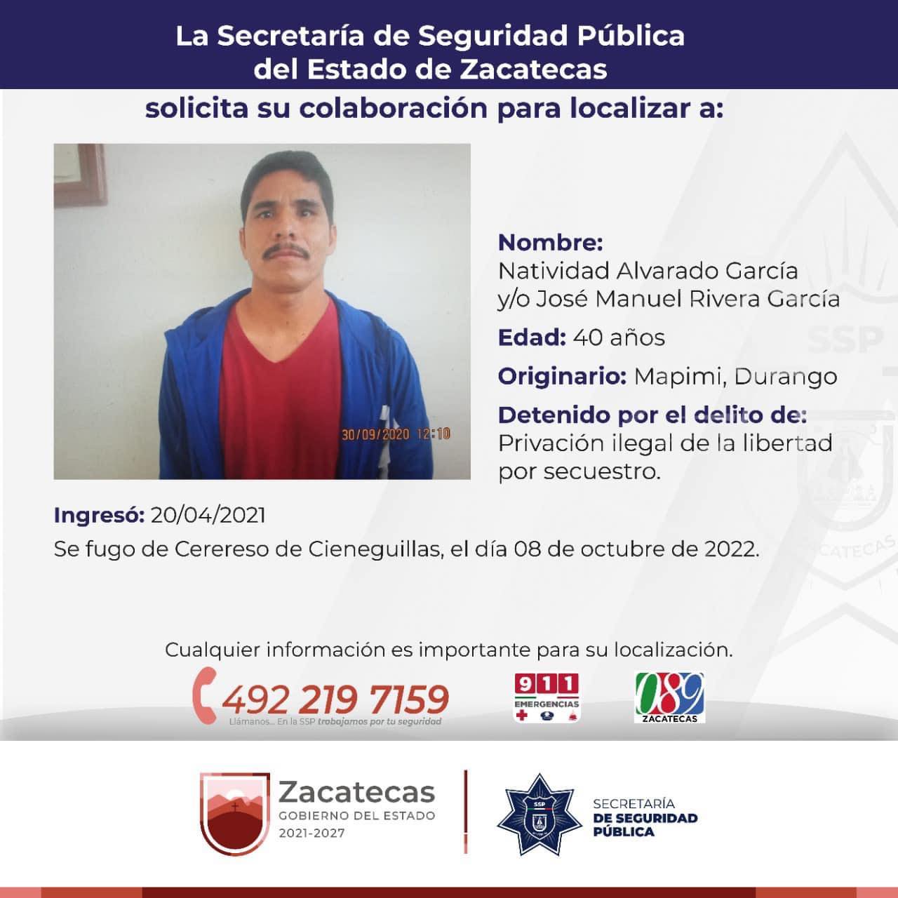 Reo que se fugó del Penal de Cieneguillas, en Zacatecas, es originario de Durango