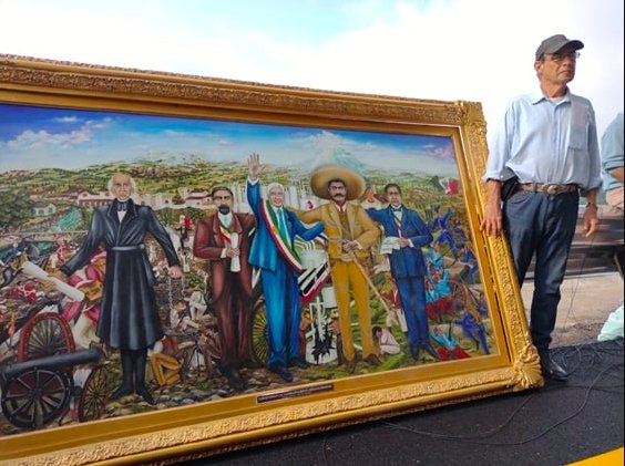 Regalan a AMLO pintura sobre 4T