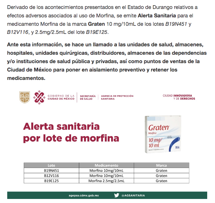 Emiten alerta sanitaria por lotes de morfina distribuidos en Durango