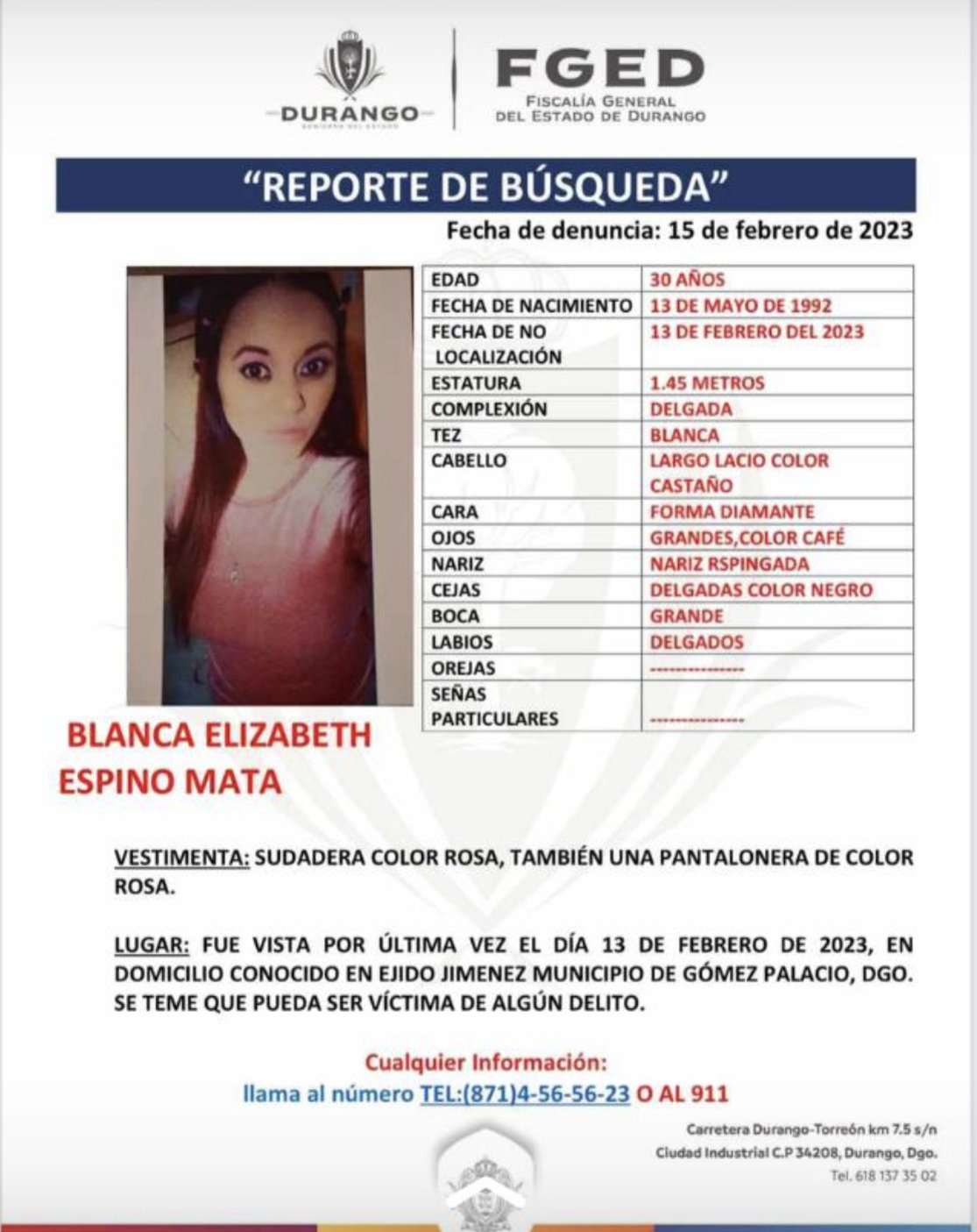 Emiten ficha de búsqueda por no localización de una mujer en Gómez Palacio