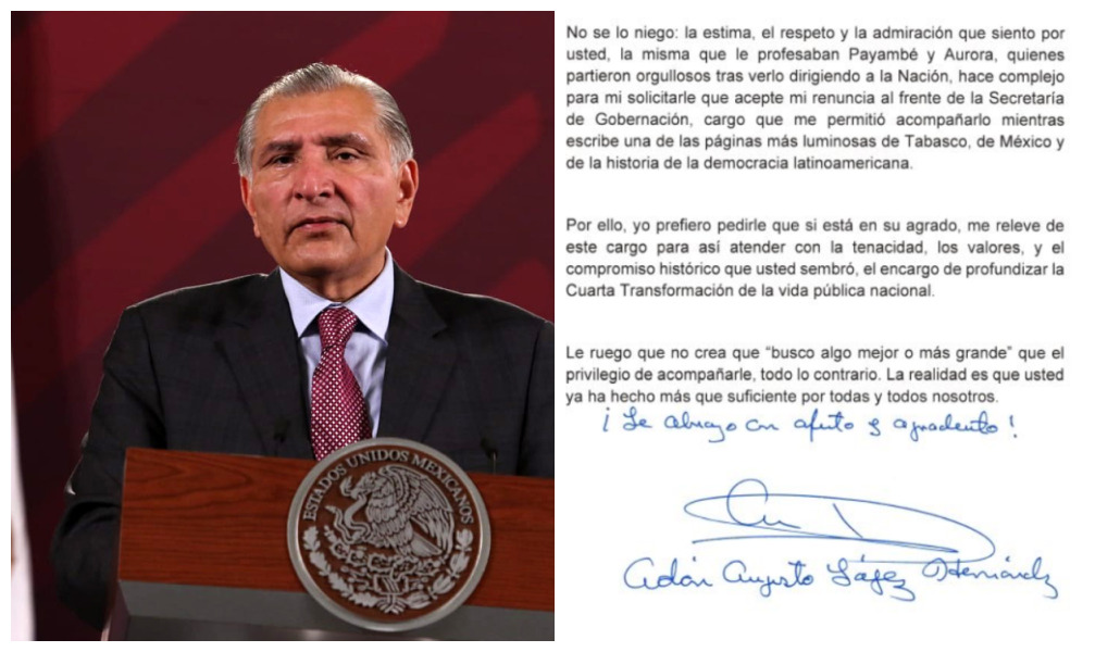 Esta es la carta de renuncia que entregó Adán Augusto a AMLO