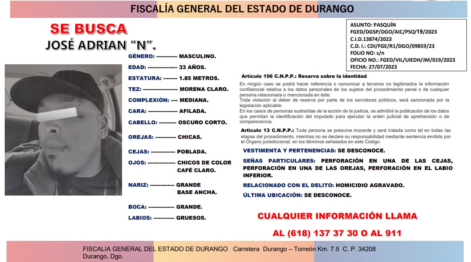 FGED busca a presunto homicida de una menor en Durango