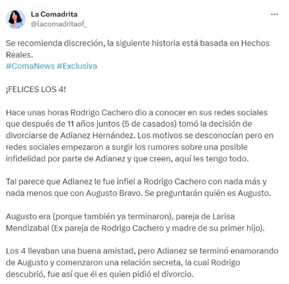 Rodrigo Cachero anuncia su separación con Adianez Hernández… ¿Por infidelidad?