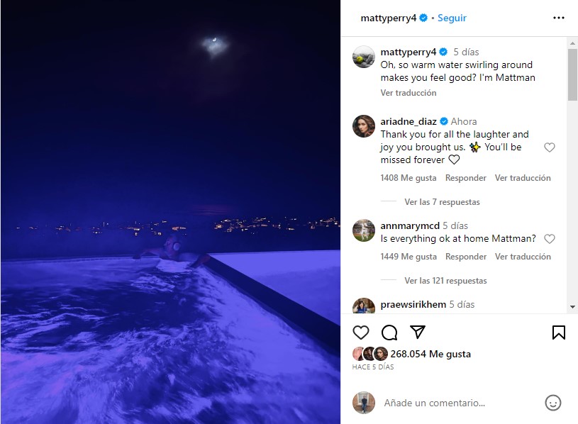 La última publicación de Matthew Perry en Instagram fue en un jacuzzi